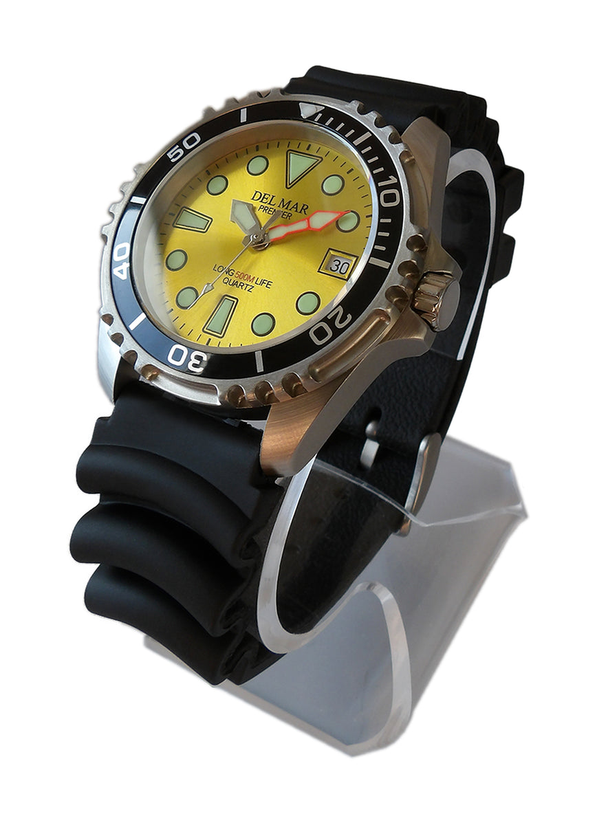 Del Mar 500M Premier Pro Dive Watch | Yellow Dial | Black Rubber Strap ...