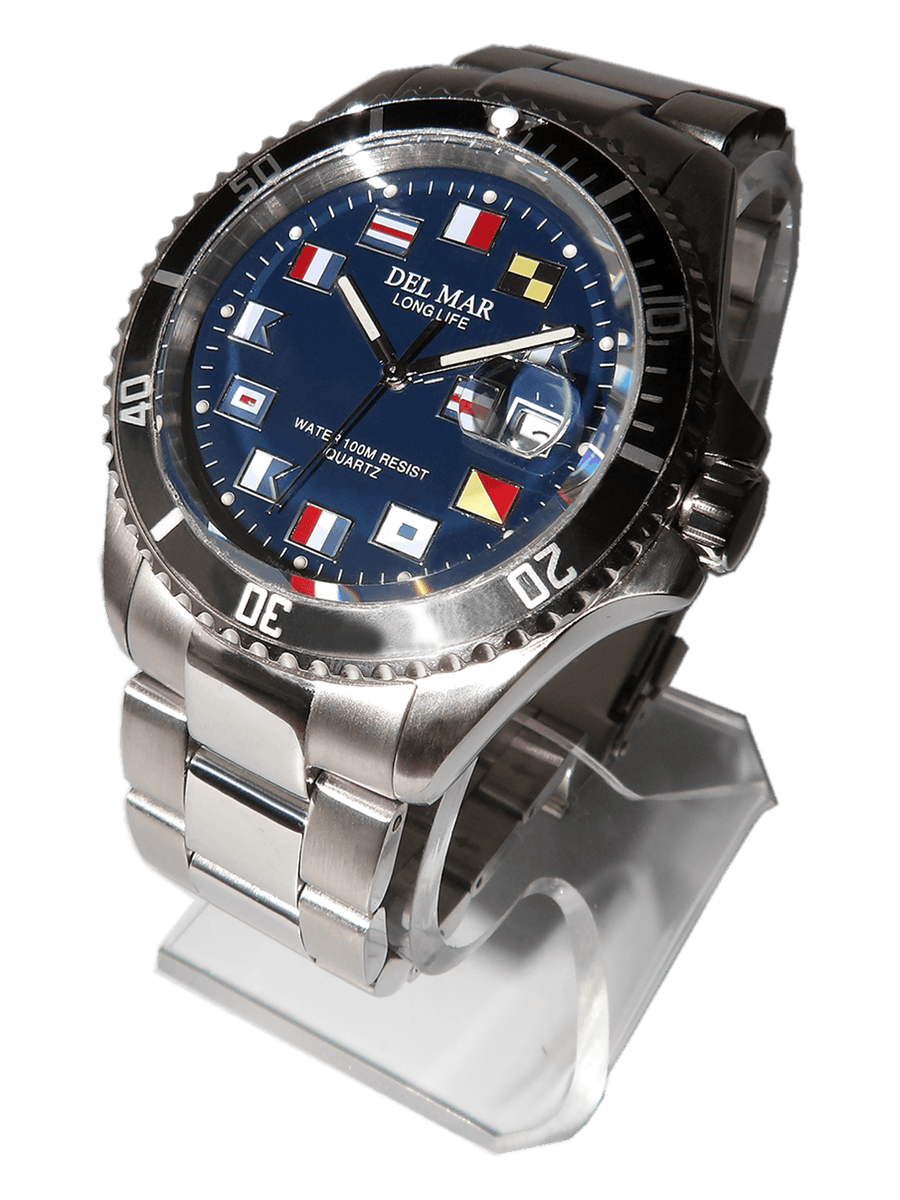 Men's Long Life Nautical Blue Face/Black Bezel SS Watch #50404 – Del ...