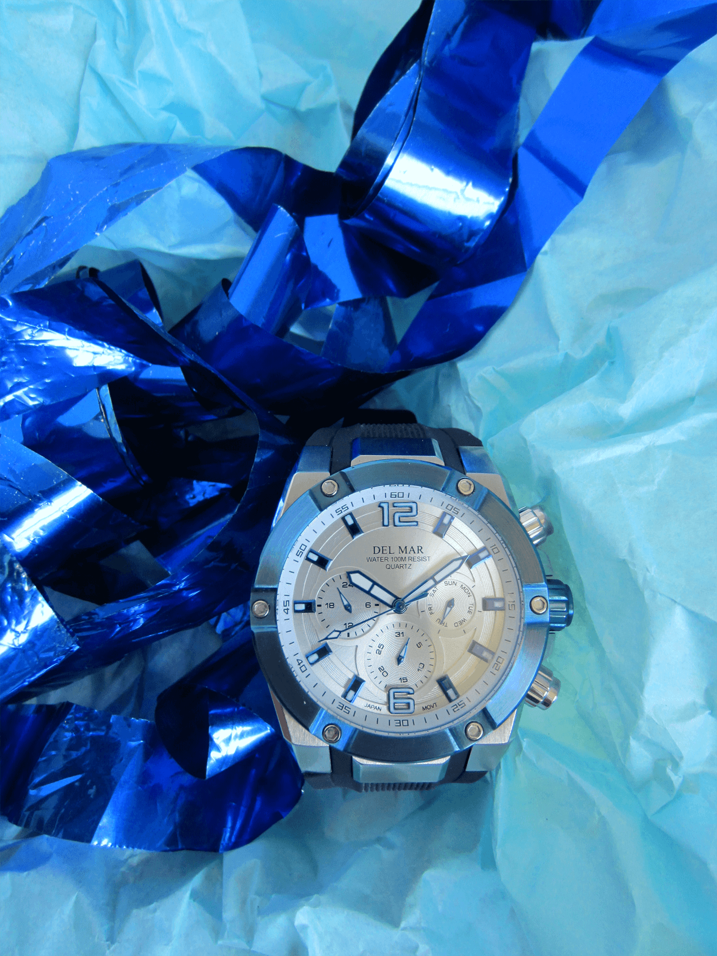 Men's White Dial, Blue Bezel Multi-function 52.5mm Watch - #50395 – Del ...